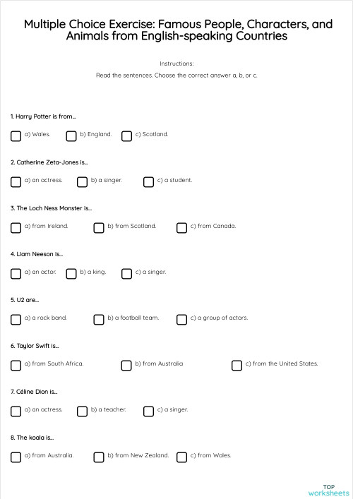 ️ Multiple Choice Exercise: Famous People, Characters, and Animals from English-speaking ...
