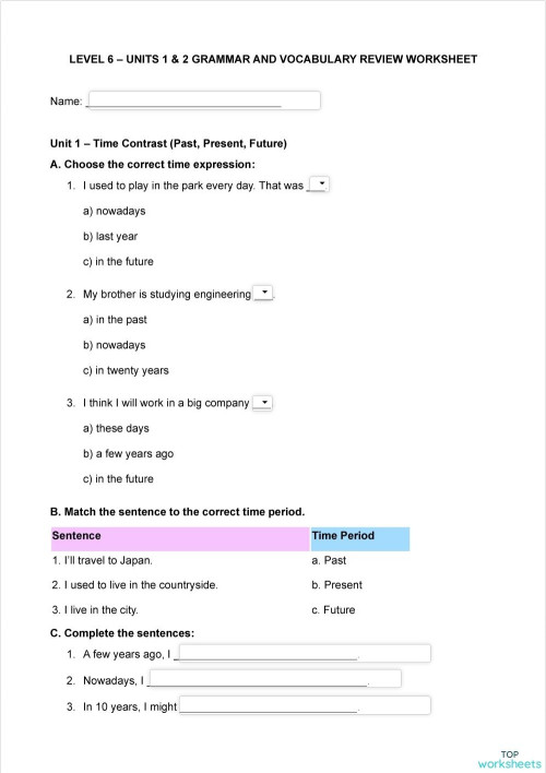 LEVEL 6 – UNITS 1 & 2 GRAMMAR AND VOCABULARY REVIEW WORKSHEET ...
