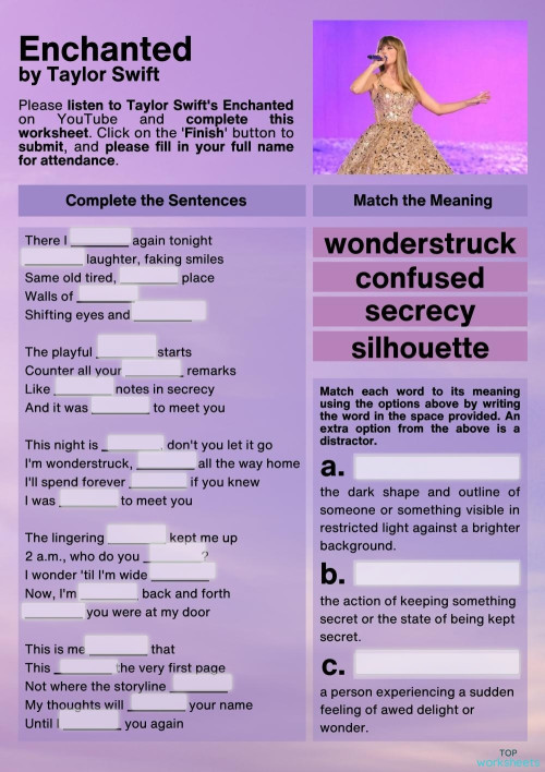 Enchanted by Taylor Swift. Interactive worksheet | TopWorksheets