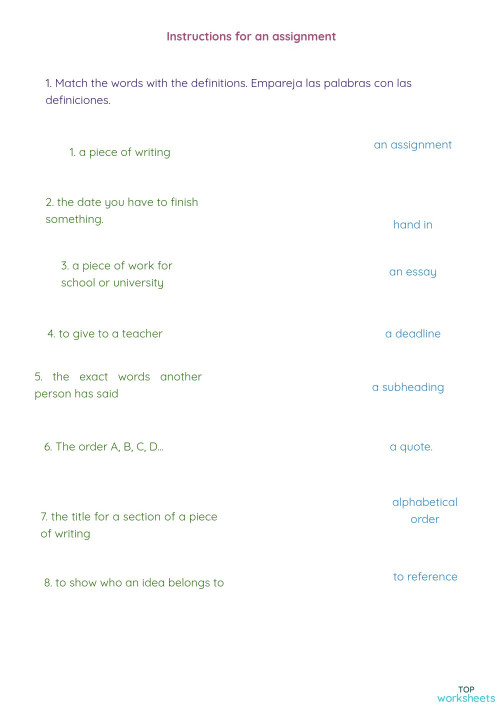 Instructions for an assignment.. Interactive worksheet | TopWorksheets