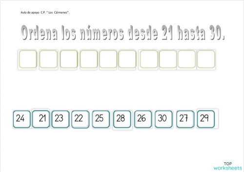 Ordenar los números desde 21 hasta 30. Ficha interactiva | TopWorksheets