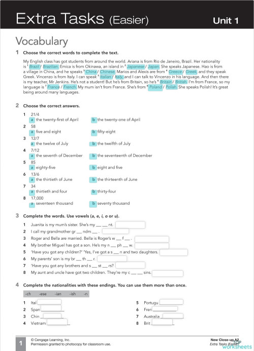 Close-Up A2 Vocab & Grammar Activities U1. Interactive worksheet ...