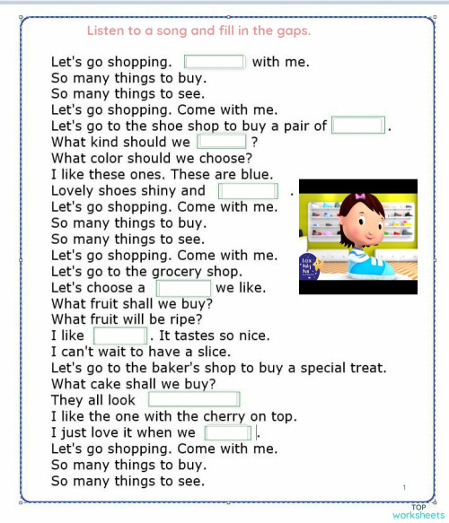 A song "Let's go shopping". Interactive worksheet | TopWorksheets