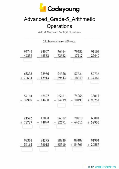 Advanced-Add & Subtract 5-Digit Numbers. Interactive worksheet ...