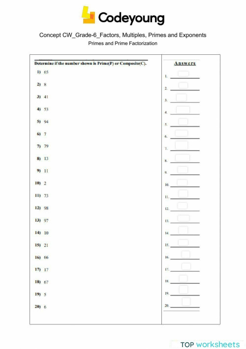 Primes and Prime Factorization Concept CW. Interactive worksheet ...
