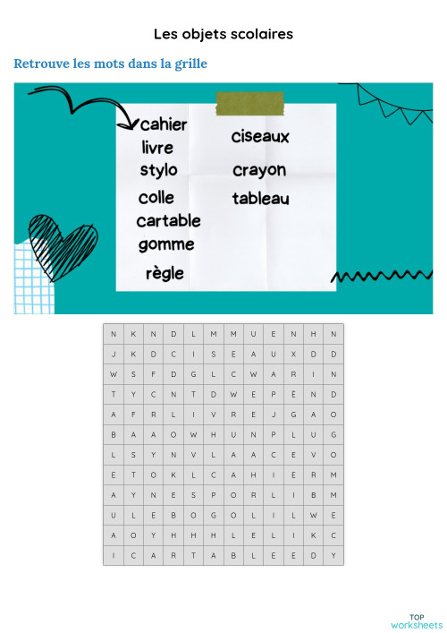 Les objets scolaires. Fiche interactive | TopWorksheets