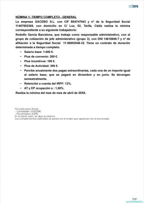 Nómina 1: General - GRH. Ficha interactiva | TopWorksheets