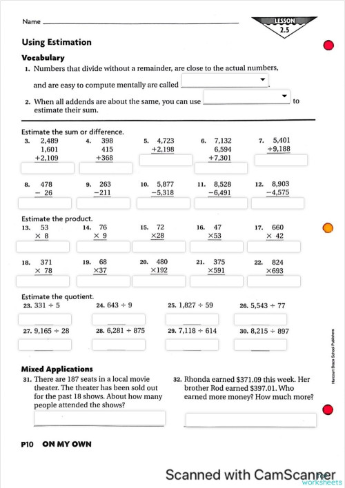 Lesson 2.5 Using Estimation (6th). Interactive worksheet | TopWorksheets