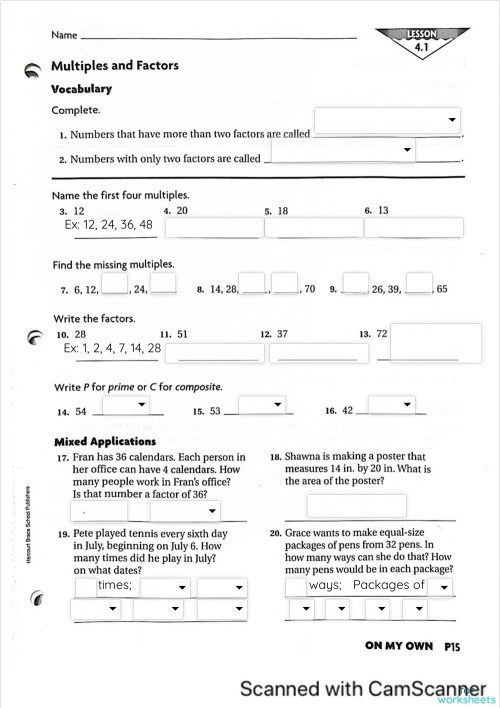 Lesson 4.1 Multiples and Factors (6th) (Copied). Interactive worksheet ...