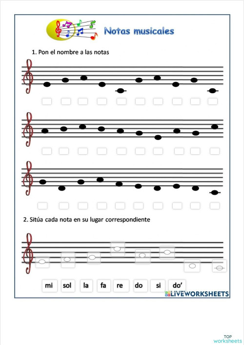 Notas musicales. Ficha interactiva | TopWorksheets