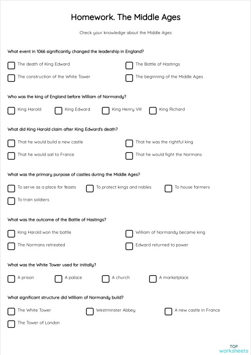 Homework. The Middle Ages. Interactive worksheet | TopWorksheets
