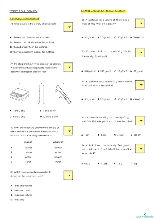 Chapter 1.3.4 Density. Interactive worksheet | TopWorksheets