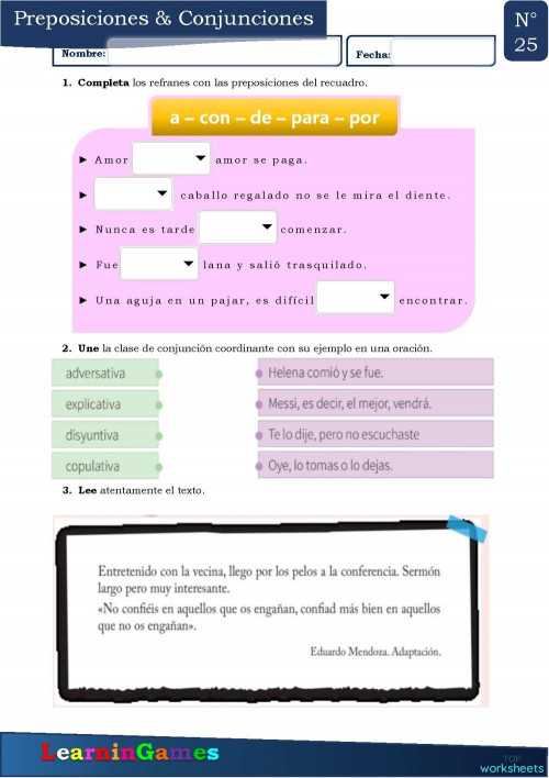 Ficha N°25: Palabras de Enlace. Ficha interactiva | TopWorksheets