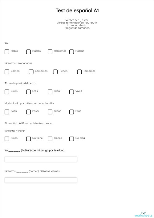 Test de español A1 Parte 1. Interactive worksheet | TopWorksheets