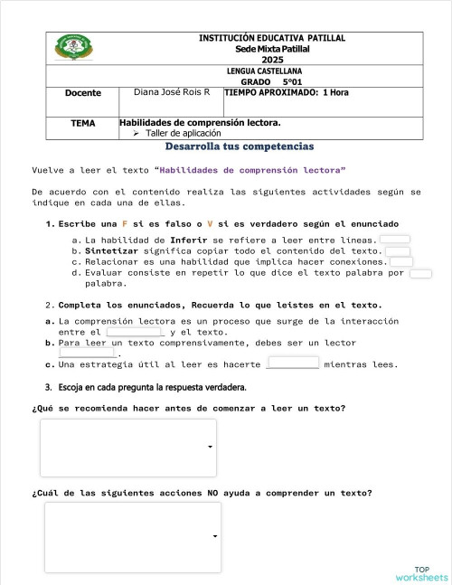 Habilidades de comprensión lectora. Ficha interactiva | TopWorksheets