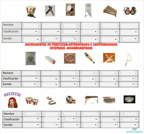 Instrumentos de percusión. Ficha interactiva | TopWorksheets