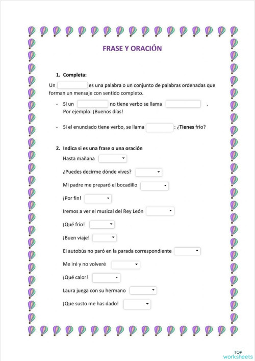 Completa la Oración. Ficha interactiva | TopWorksheets