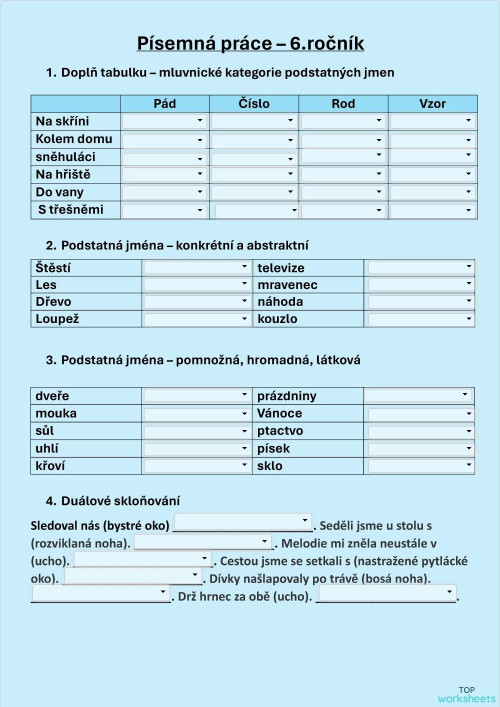 Čeština: interaktivní pracovní listy a online cvičení | TopWorksheets