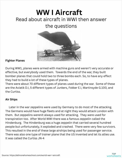 WWI Aircraft. Interactive worksheet | TopWorksheets