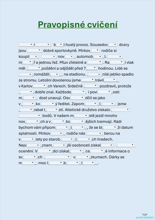 pravopis + slovesný rod. Interaktivní pracovní list | TopWorksheets