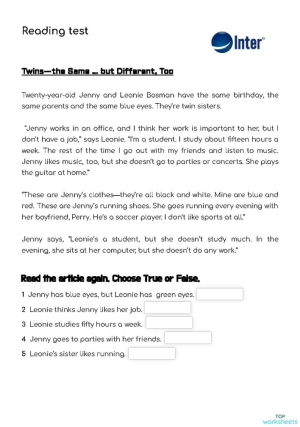 Reading test level 2. Ficha interactiva | TopWorksheets