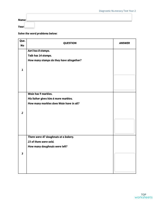 2 Diagnostic Test Yr 2. Interactive worksheet | TopWorksheets