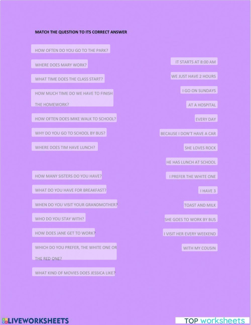 wh questions matching exercise. Interactive worksheet | TopWorksheets