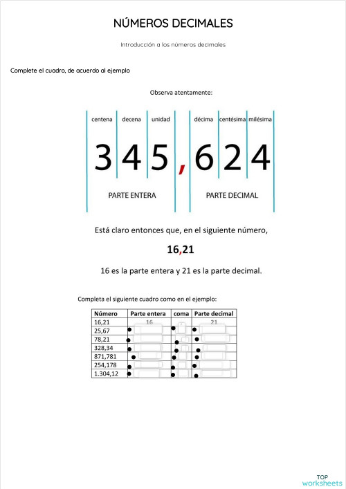NÚMEROS DECIMALES. Ficha interactiva | TopWorksheets