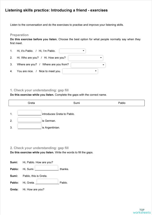 Listening: Introducing a friend. Interactive worksheet | TopWorksheets