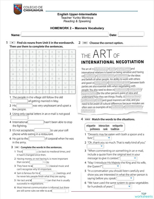 HW 2 - Manners Vocabulary. Interactive worksheet | TopWorksheets