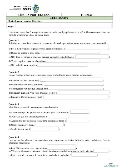 conectores: fichas interativas e exercícios online | TopWorksheets