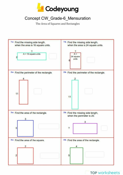 The Area of Squares and Rectangles Concept CW. Interactive worksheet ...