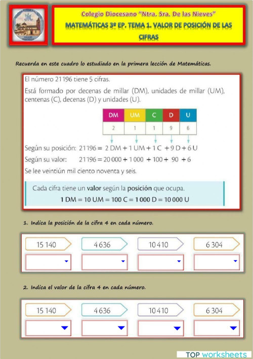 Tema 1. Valor de posición de las cifras. Ficha interactiva | TopWorksheets