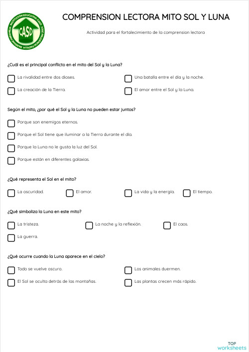 COMPRENSION LECTORA MITO SOL Y LUNA. Ficha interactiva | TopWorksheets