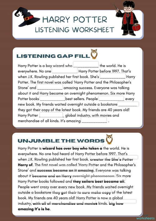 Harry Potter listening worksheet ใบงานเชิงโต้ตอบ | TopWorksheets