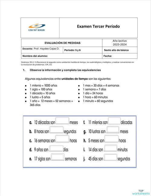 Medidas de tiempo: fichas interactivas y ejercicios online | TopWorksheets