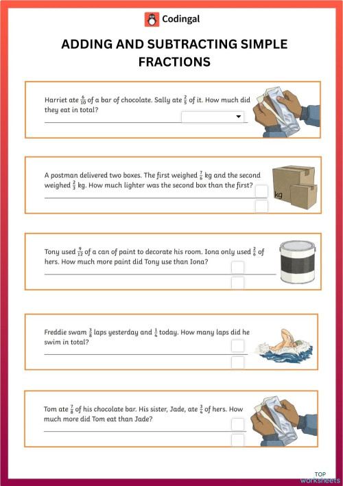 M_G05M06L12_WA01_Word_Problems(Fractions Add and Subtract)_3. Interactive worksheet | TopWorksheets