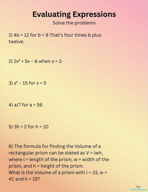 Evaluating Expressions. Interactive worksheet | TopWorksheets