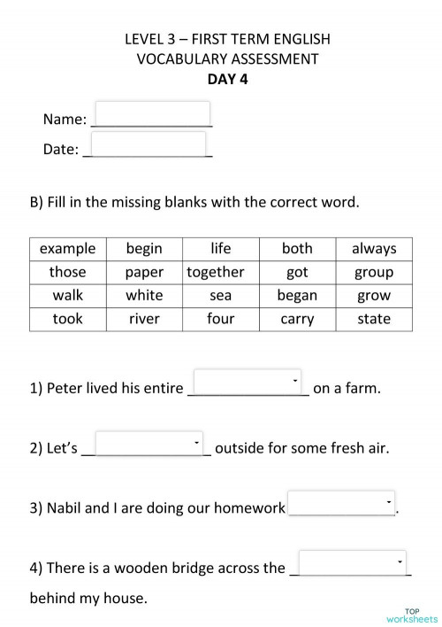 Day 4 - Vocabulary Assessment - LEVEL 3. Interactive worksheet ...