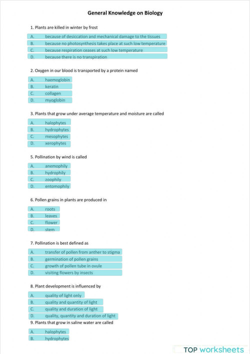 General Knowledge on Biology. Interactive worksheet | TopWorksheets