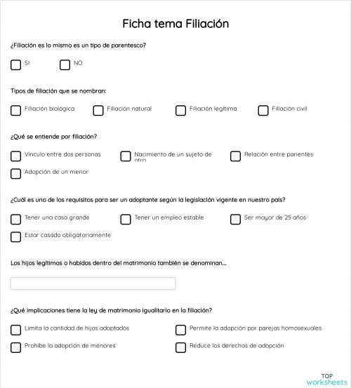 Ficha tema Filiación. Ficha interactiva | TopWorksheets