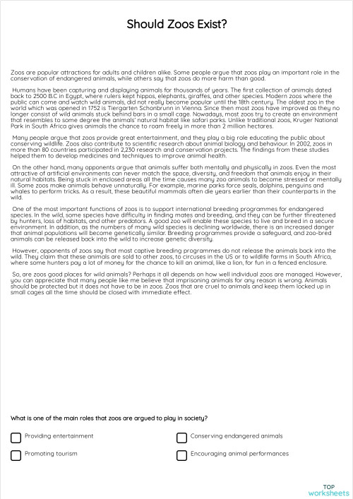 Should Zoos Exist?. Interactive worksheet | TopWorksheets