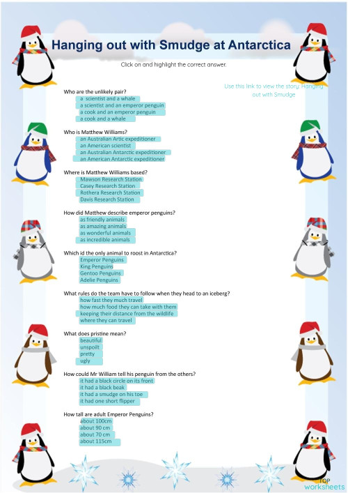 Hanging out with Smudge at Antarctica. Interactive worksheet ...