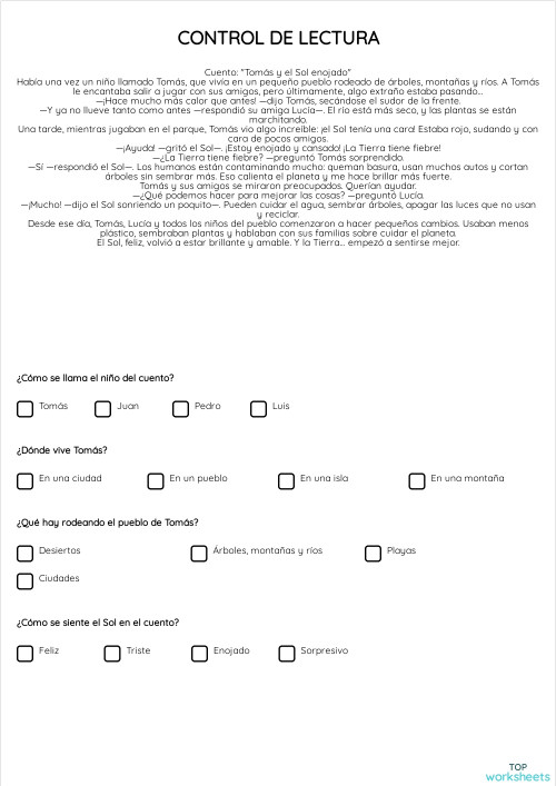CONTROL DE LECTURA. Ficha interactiva | TopWorksheets