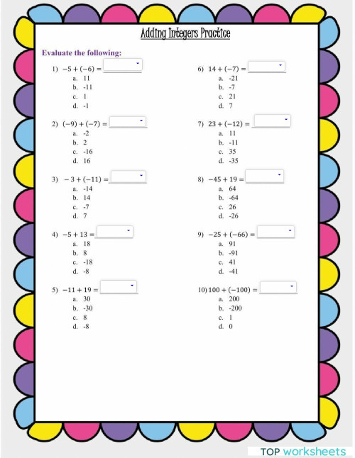Adding Integers Practice. Interactive Worksheet | Topworksheets
