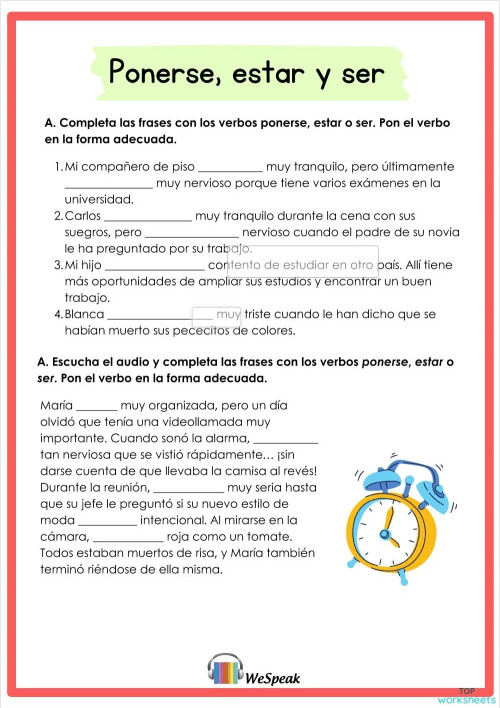 ESI01-U2 gramática: ser, estar, ponerse. Ficha interactiva | TopWorksheets
