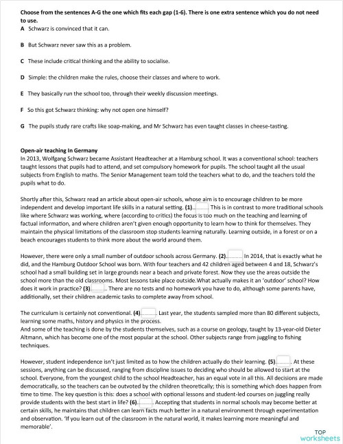 Reading Part 5 - Open air school, Puffins. Interactive worksheet ...