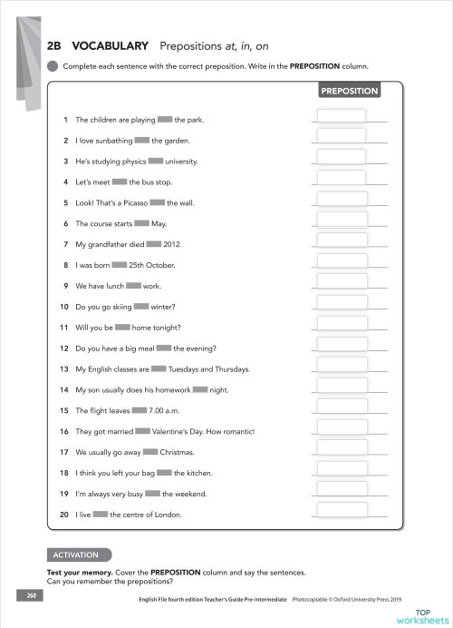PGE 2B: Prepositions at, in, on. Interactive worksheet | TopWorksheets