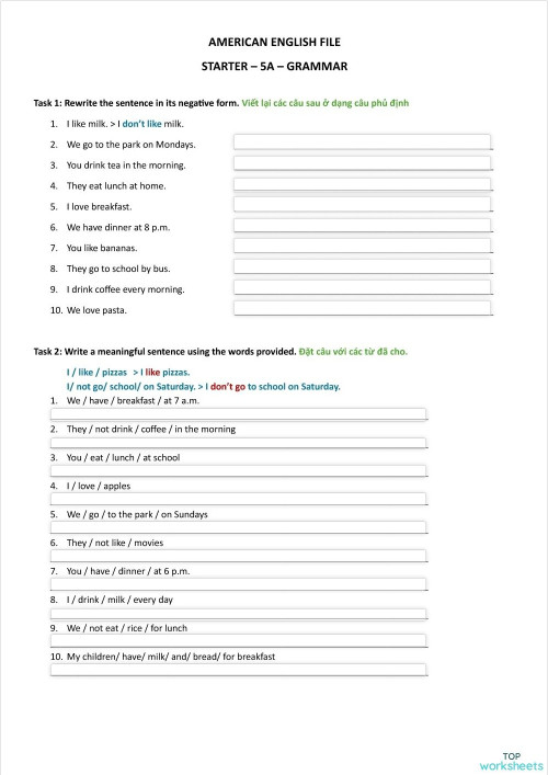 AEF Starter - 5A - Grammar 1. Interactive worksheet | TopWorksheets
