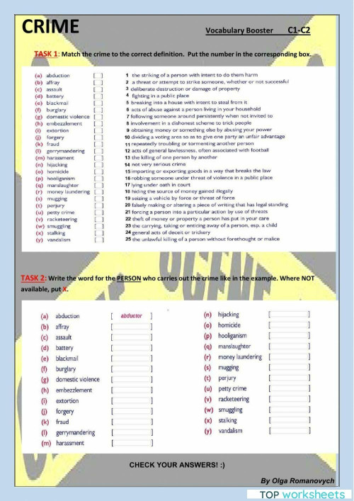Crimes- Vocab Booster C1-C2. Interactive worksheet | TopWorksheets